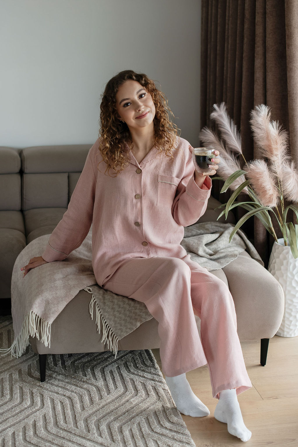 Linen pyjama set with pants Serene - Dusty Rose Pink - for women ...